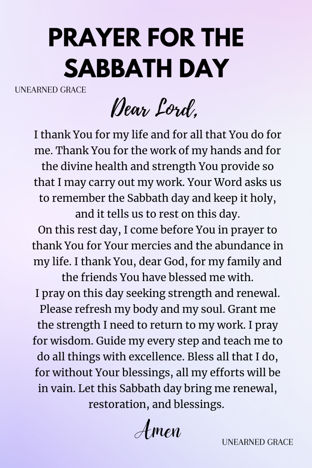 Prayer For The Sabbath Day - Unearned Grace